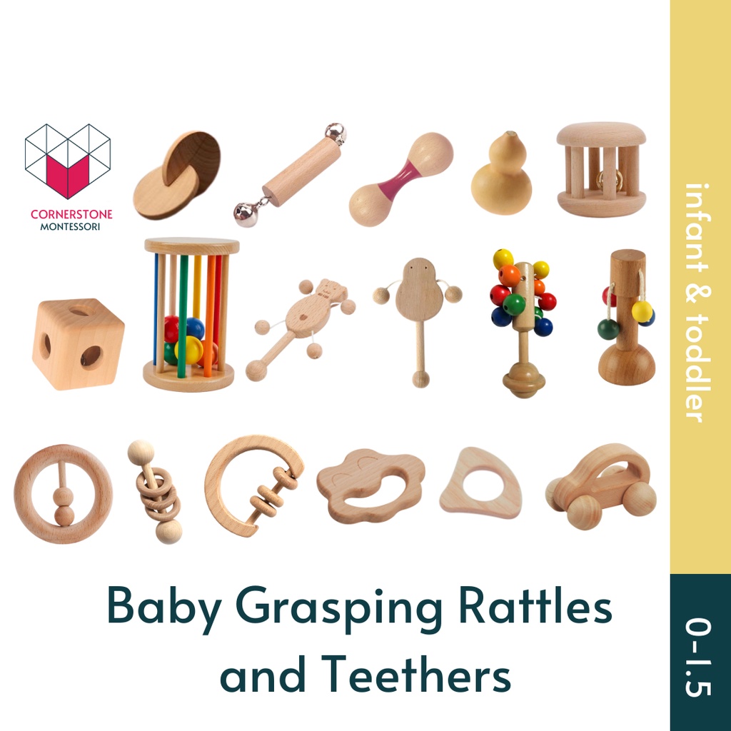 Cornerstone Montessori Baby Grasping Bell Rattle Teether Rolling Drum ...