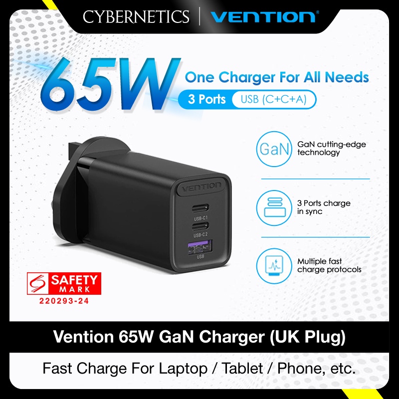 Vention 65W GaN Charger UK Plug 3 Ports Turbo Charging Power Adapter ...