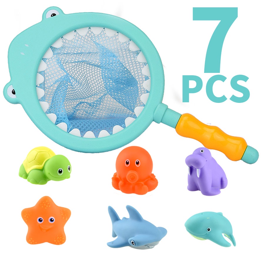 Bath toy 7psc Shark fishing net toys set tub animal Float water spray ...