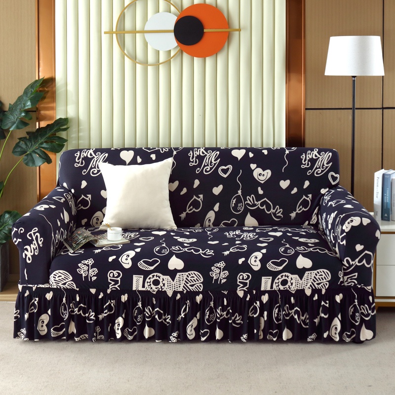 Print Sofa Cover With Skirt 1/2/3/4-Seater Sofa Armchair Cover Elastic ...