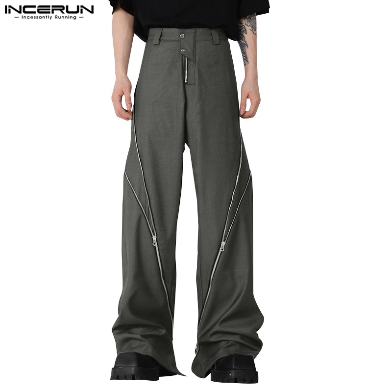 INCERUN Men's Fashion Design Loose High Waist Zip Wide Leg Long Pants ...