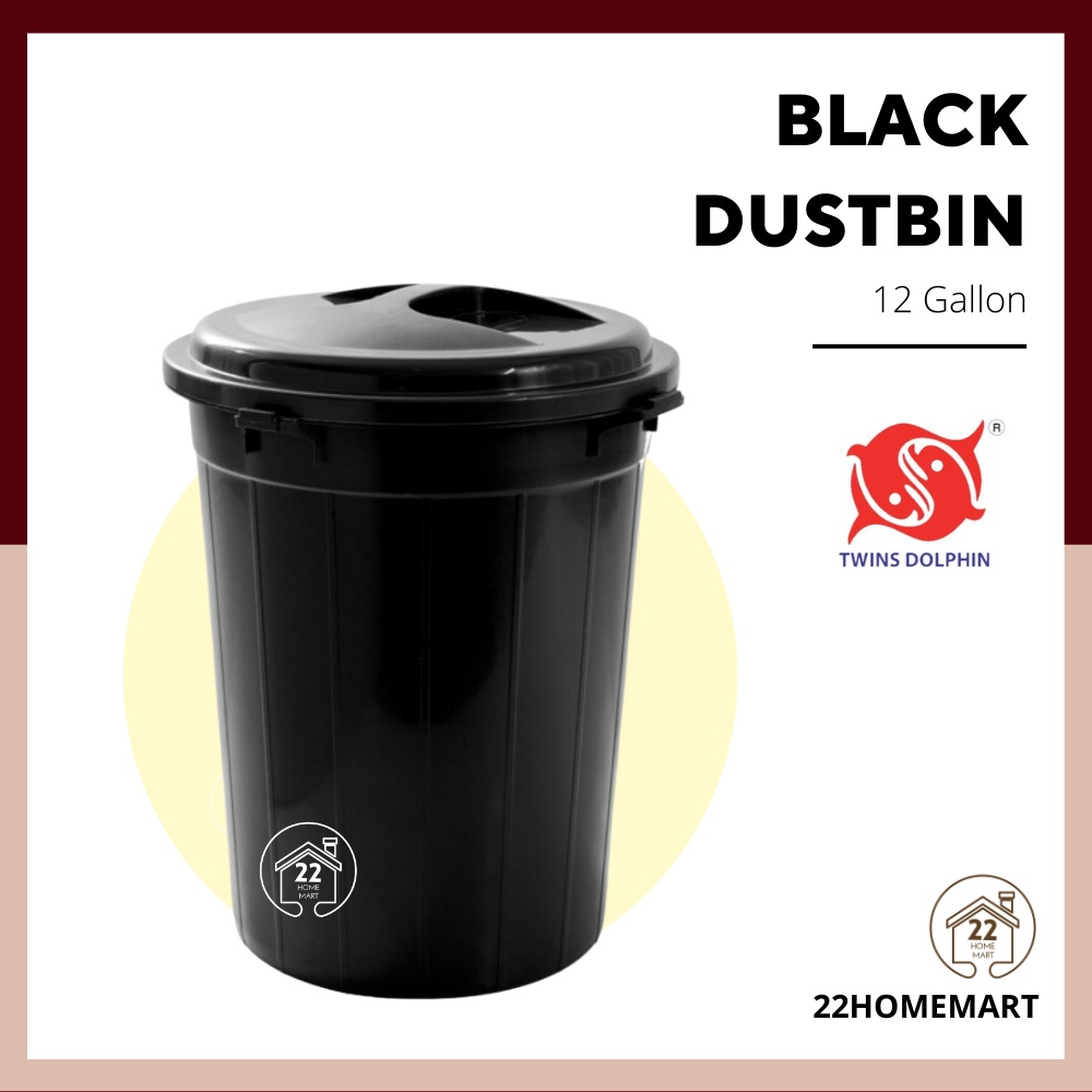 【High Quality】12 Gallon Black Big Plastic Dustbin with Cover | Tong Sampah Hitam | Black Garbage ...