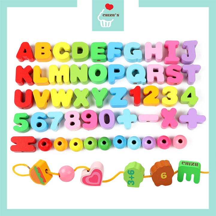 Wooden Block Stringing Toys Numbers Letters | 3D Threading Beads Toy ...