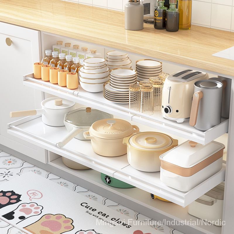 Kitchen shelf retractable lower sink pull pot rack multi-functional pot ...