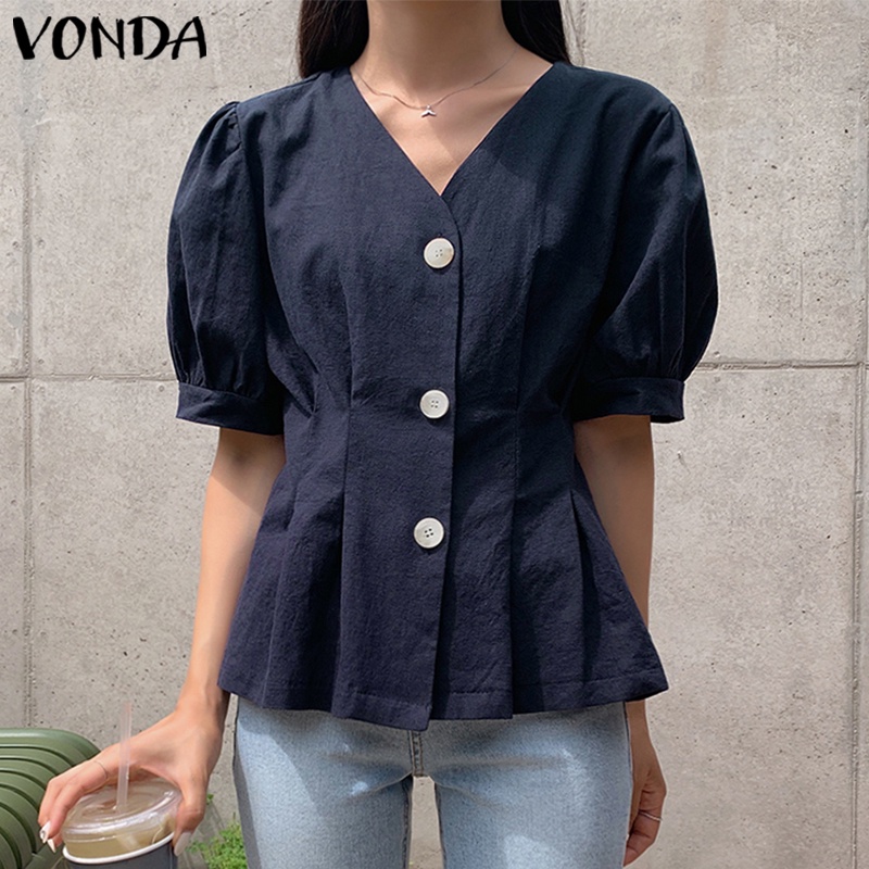 VONDA Women Korean V Neck Puff Sleeve Short Sleeve Button Up Solid ...
