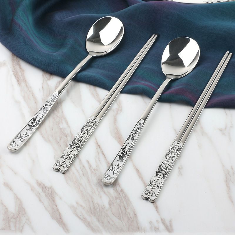 TRADITIONAL PAINTING KOREAN STAINLESS STEEL SPOON CHOPSTICKS SET ...