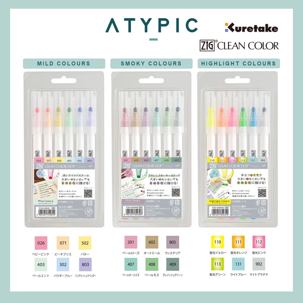 Kuretake Zig Clean Color Dot 6 Colours Set (Mild / Smoky / Highlight ...