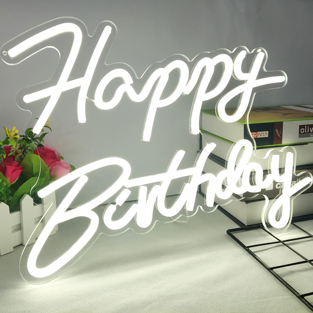 Led Happy Birthday Neon Sign for Party Decor Led Neon Light USB Powered Acrylic White 42*28cm ...