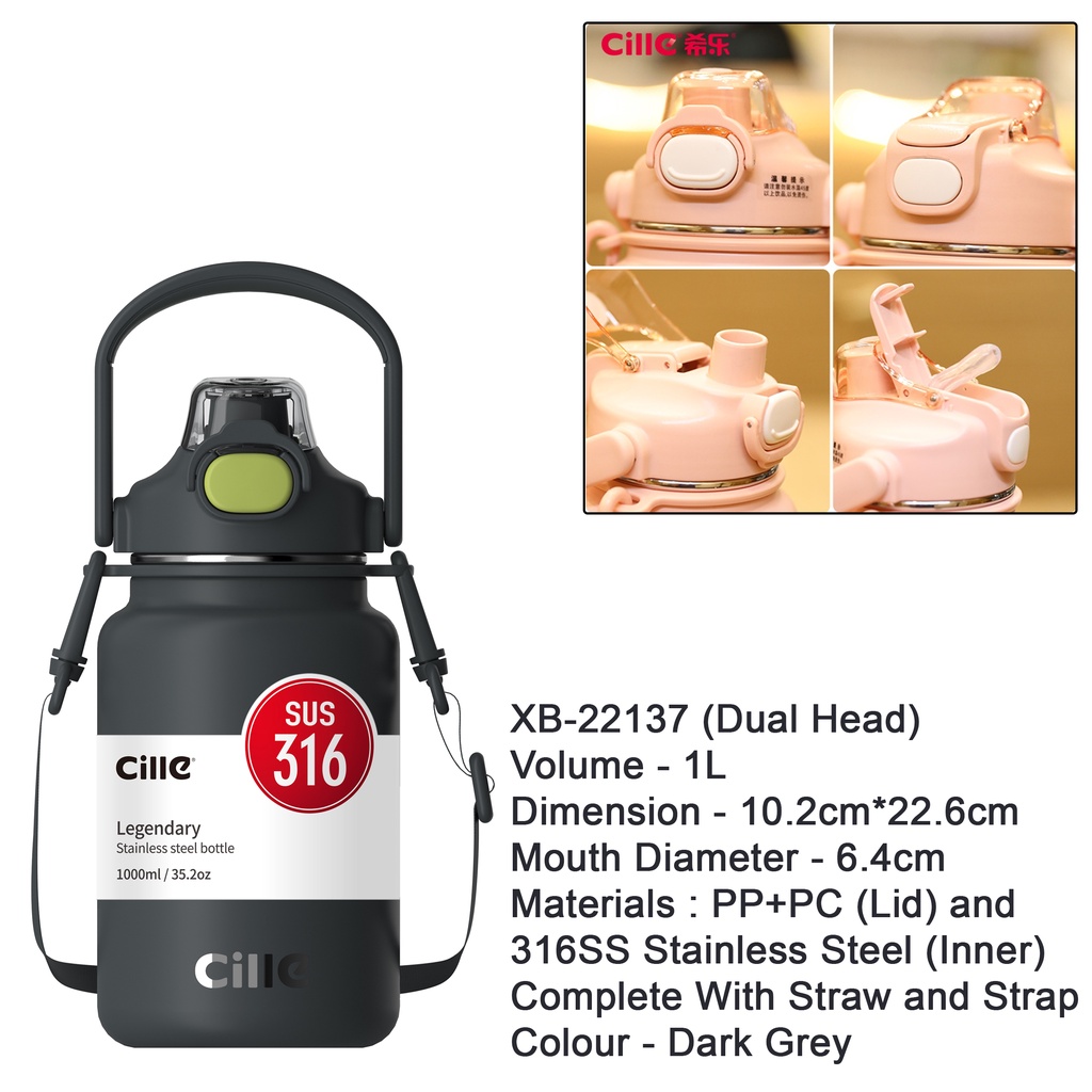 Cille 1L/1.3L/1.6L Dual Head 316SS/Ceramic Liner 304SS Stainless Steel Vacuum Flask Thermos ...