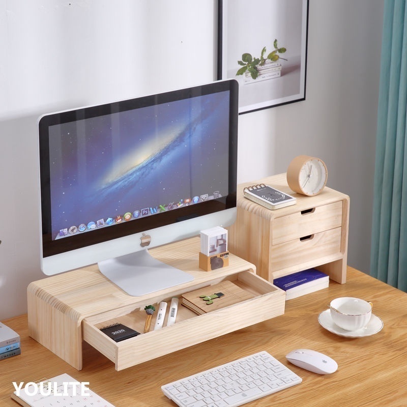 YOULITE Wooden Monitor Stand With Drawer Monitor Riser Desktop ...