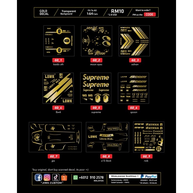 Gold & Chrome Hologram waterslide decal 1:64 Hotwheels Decal Tomica ...