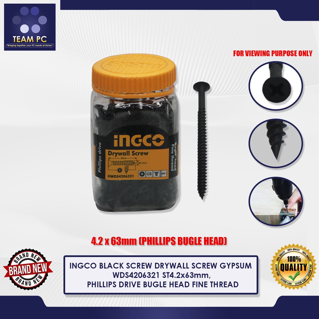 INGCO BLACK SCREW DRYWALL SCREW GYPSUM HWDS4206321 ST4.2x63mm, PHILLIPS ...