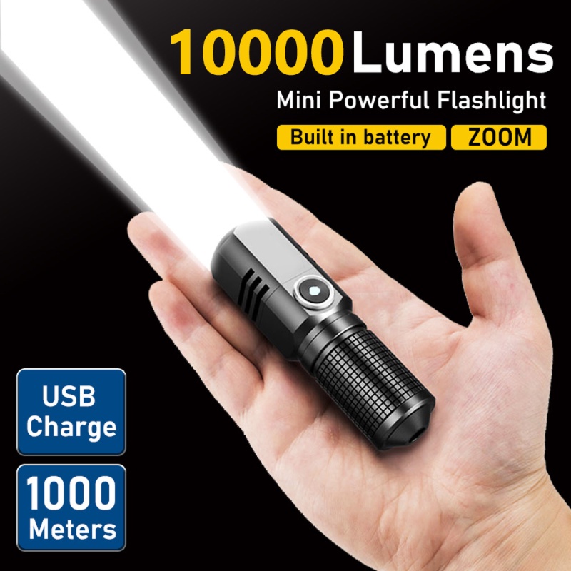 10000 LM mini powerful led flashlight xhp50 built-in battery 3 modes ...