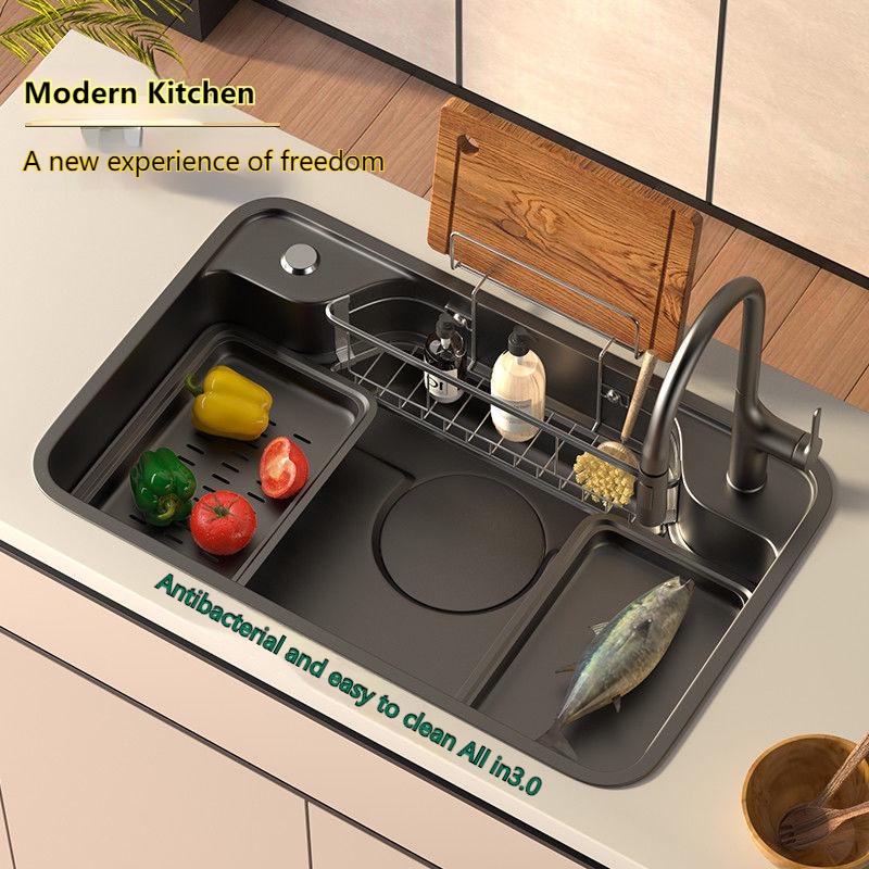 Grey Nano Kitchen Sink 304 Stainless Steel Waterfall Wash Basin Large ...