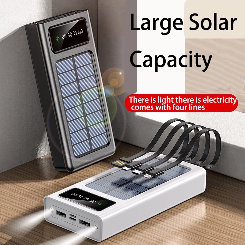50000mAh Power Bank 4 Cables Solar Powerbank Fast Charging Dual LED ...