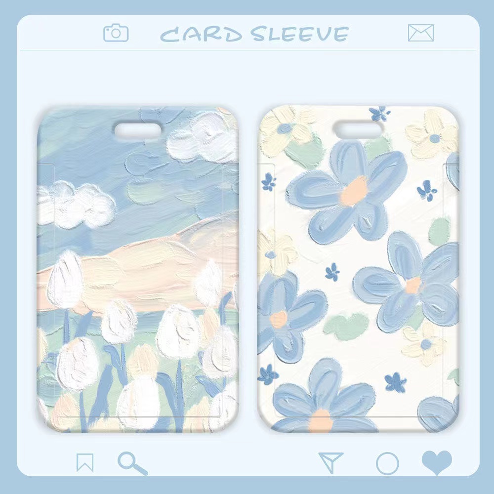 Oil painting blue flowers name tag card case slide card cases student ...