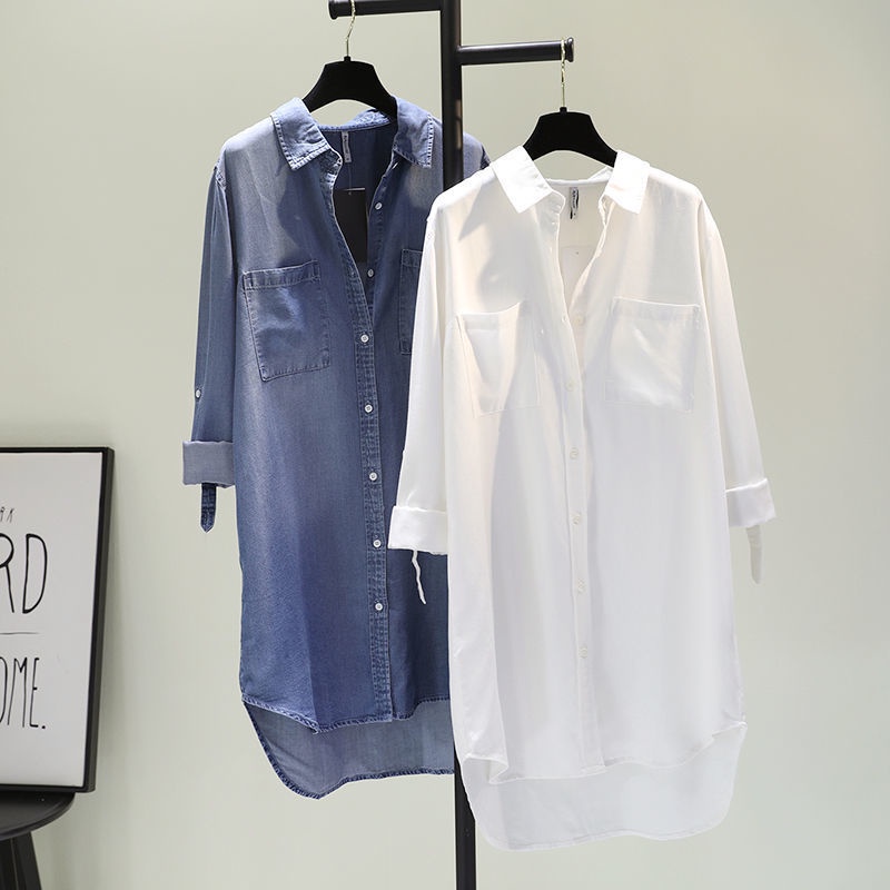 【M-5XL】New Women Mid-length Denim Shirt Double-pocket Roll-sleeve ...