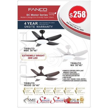 FANCO TRIBUTO 46/56 Inch Ceiling Fan DC Motor Series | Shopee Singapore