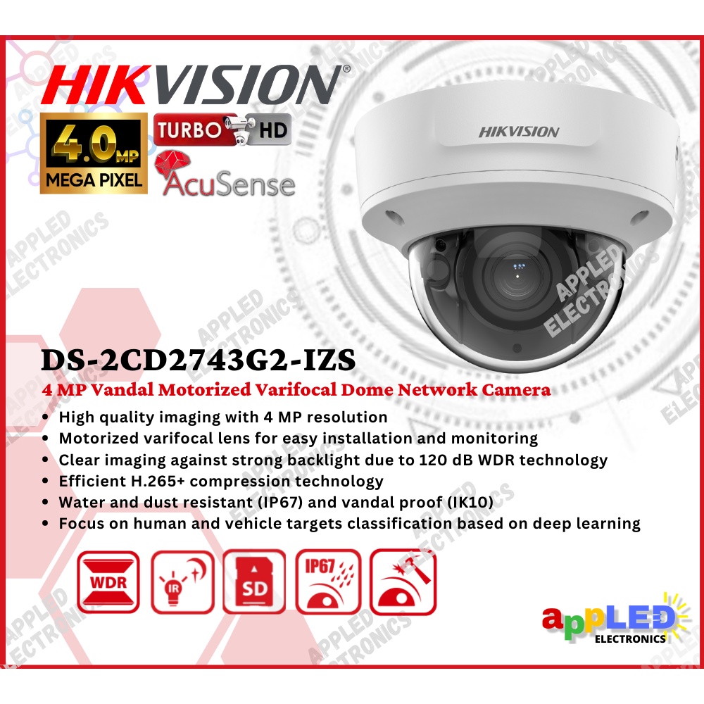 Hikvision DS-2CD2743G2-IZS 4MP Acusense Varifocal Dome IP PoE Network ...