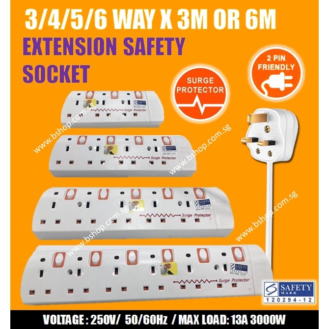 3 / 4 / 5 / 6 WAY POWER EXTENSION CORD/ SOCKET 3M /6M WITH SURGE ...
