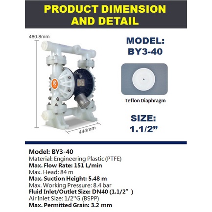 PNEUMATIC DIAPHRAGM PUMP (PTFE/TEFLON)/ CHEMICAL AIR PUMP 1" TO 2 ...