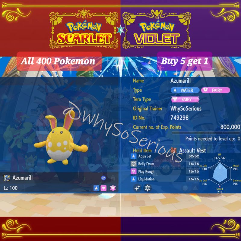 Nintendo Switch Pokemon Scarlet and Violet Shiny Battle Ready Azumarill ...