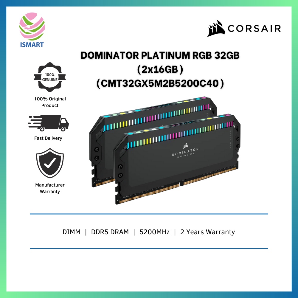 Corsair CMT32GX5M2B5200C40 DOMINATOR PLATINUM RGB 32GB (2x16GB) DDR5 DRAM 5200MHz C40 Memory Kit ...