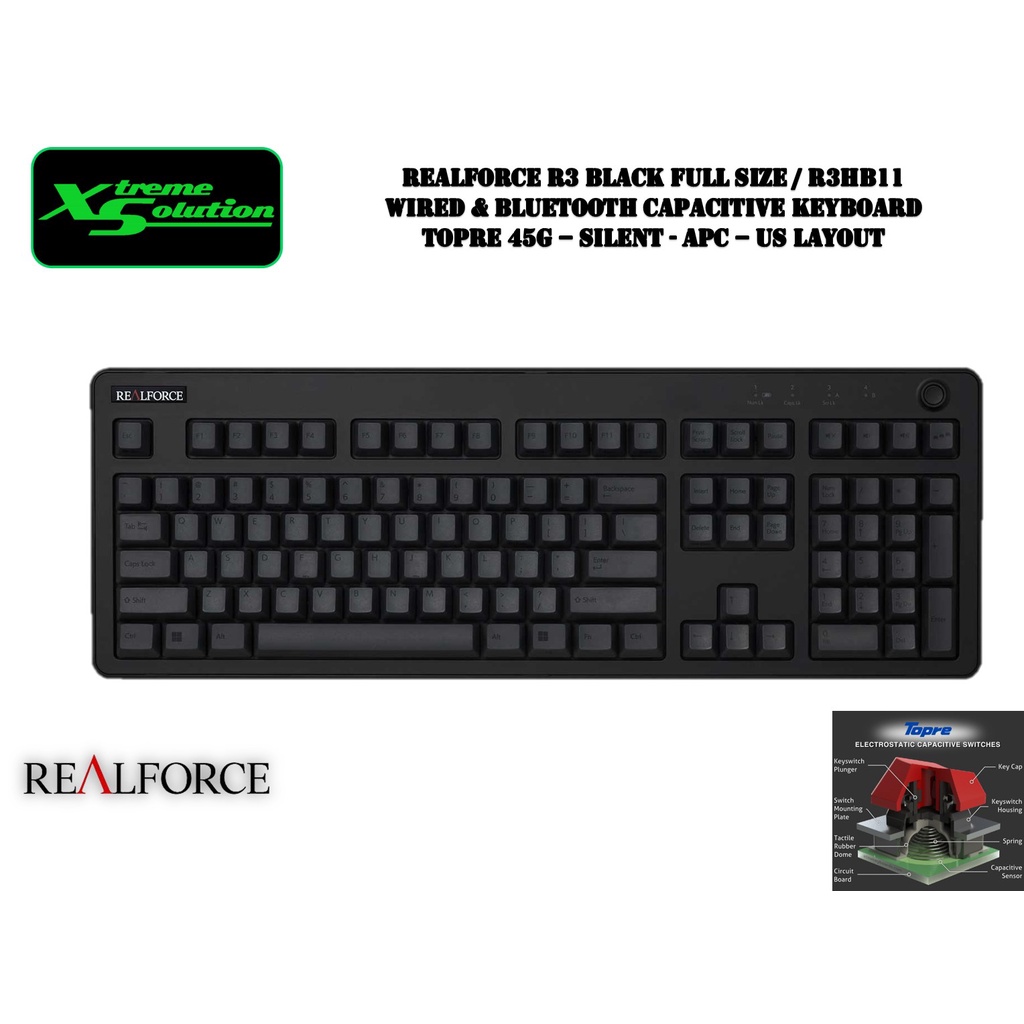 Realforce R3 Black Full Sized - Wireless Bluetooth Capacitive Topre Keyboard | 45g Silent | APC ...