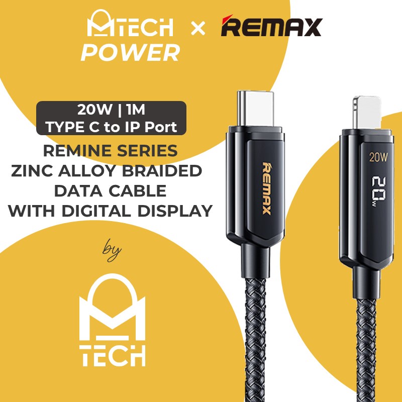 REMAX 1M Type C to Type C iP REMINE Series 100W 20W Zinc Alloy Braided Data Cable with Digital ...