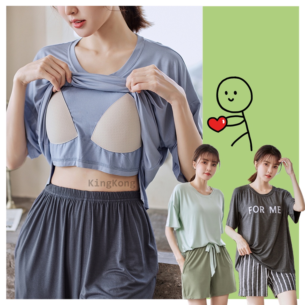 Pajamas Women Modal Cotton Pyjamas Set Chest Pad Summer Short Sleeve ...