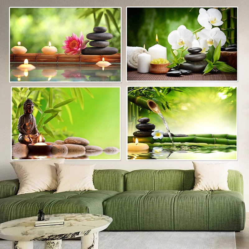 ZEN Poster Stone Bamboo Water Drops Green Leaf Still Life Meditation ...