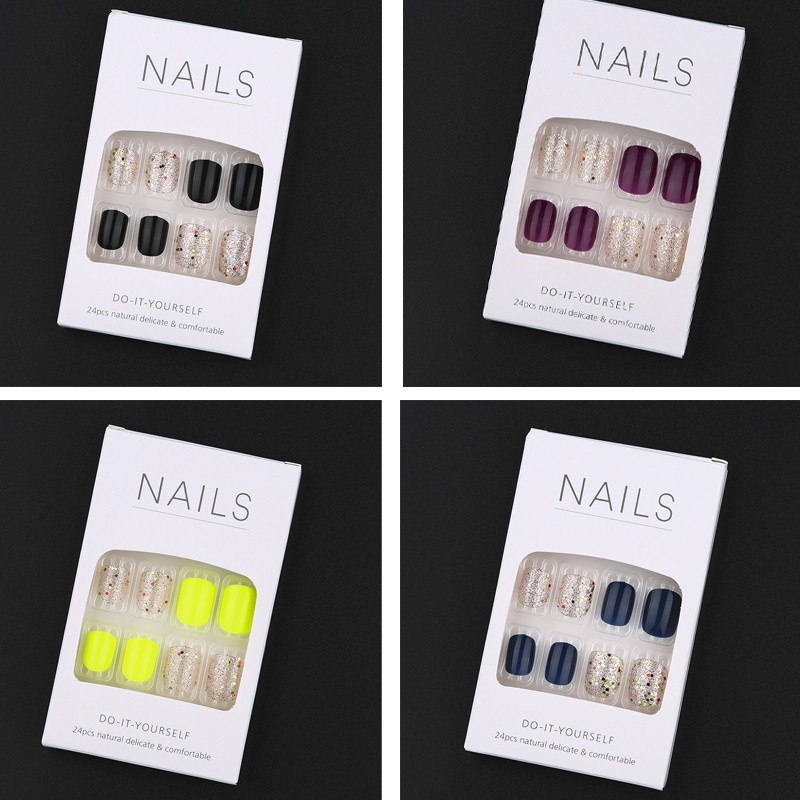 Fake Nails Manicure 24 Pieces Glitter Square Head Short ins Style Easy ...