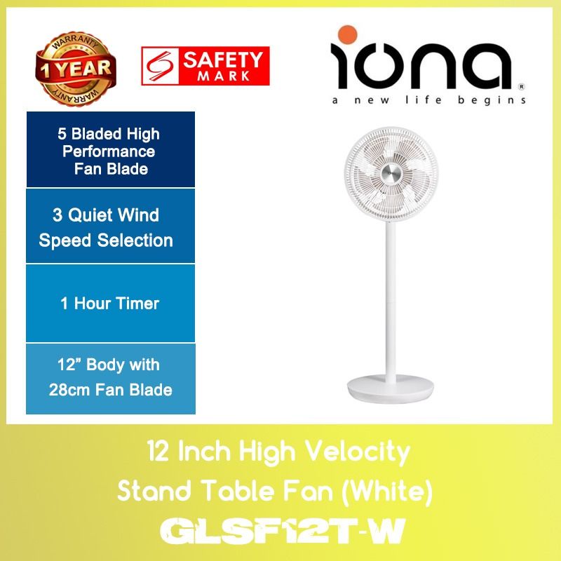 Iona GLSF12T-W 12 Inch High Velocity Stand Table Fan (White) WITH 1 ...