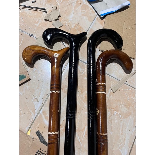 KAYU HITAM Original dark black umbrella style teak wood walking stick ...