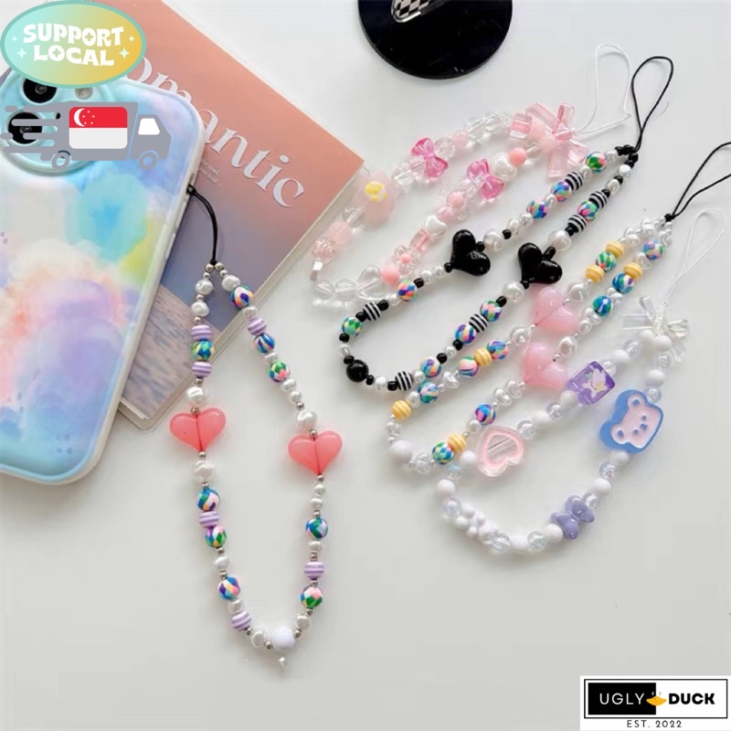 [SG Ready Stock]Beaded Phone Charm Strap heart ribbon Handmade Chain ...