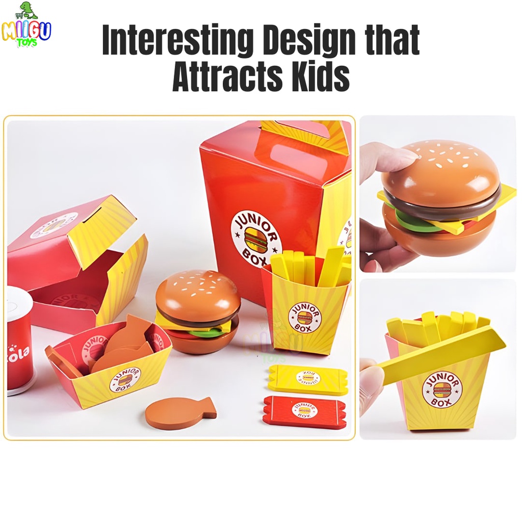 Miigu Toys Wooden Diner Fast Food Burger Set with Real Take Out Box for ...