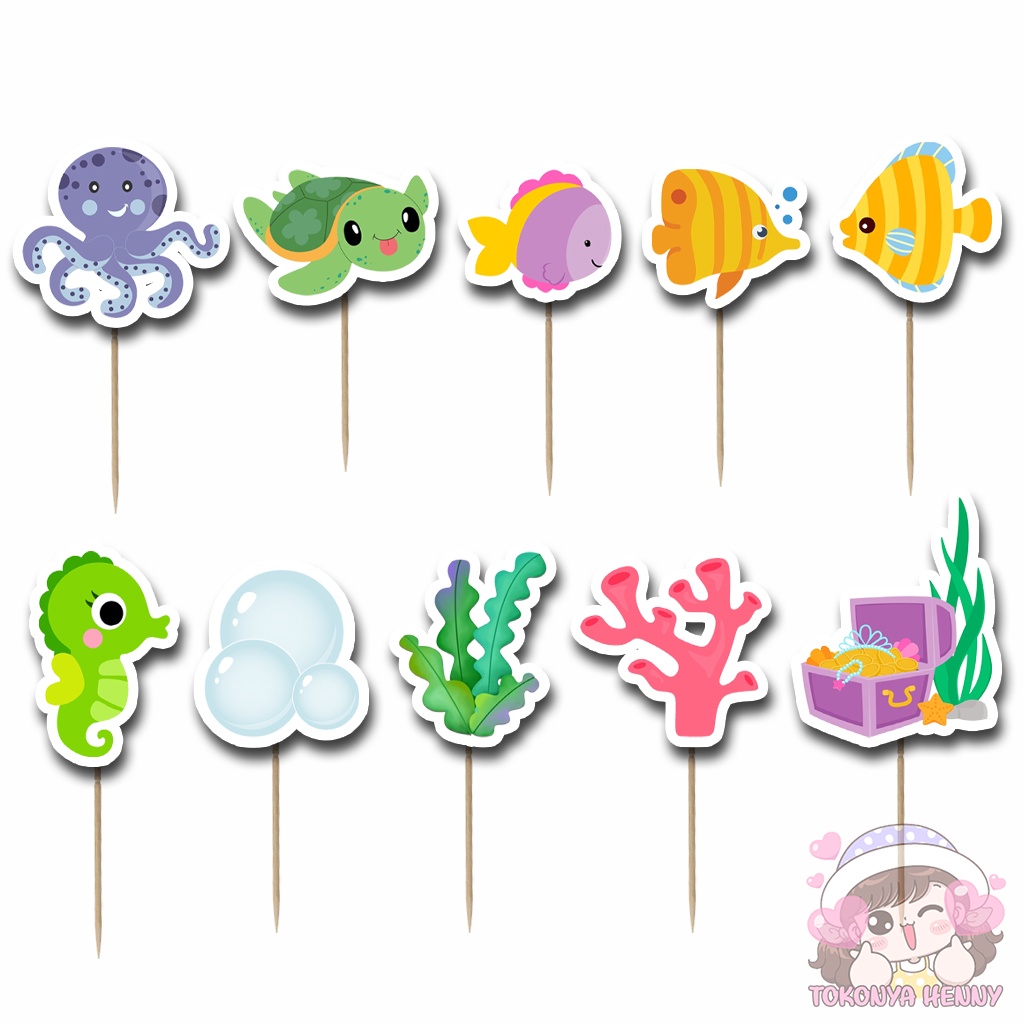 Cake Topper Happy Birthday Cupcake Pudding Cake Decoration SEA ANIMALS ...