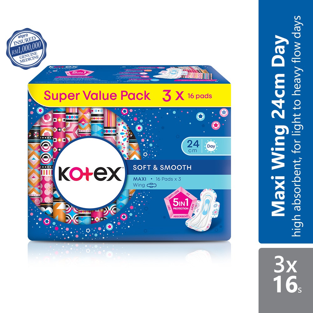 Kotex Soft & Smooth Maxi Wing 24cm Value Pack (3x16s) | Shopee Singapore