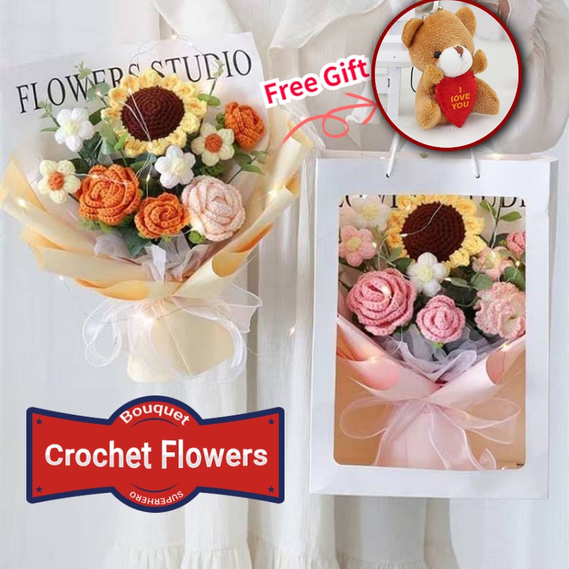 Crochet Flowers Bouquet Knitted Sunflower Rose - Wool Bouquet - Artificial Flower - Valentine's ...