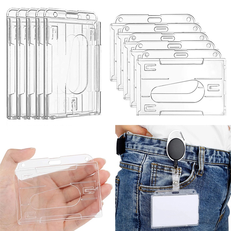 Transparnt Staff ID Work Card Protective Cover Double-Sided Thumb Push ...