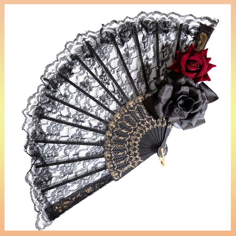 Lolita Gothic Fan Victorian Female Lace Hand Vintage Fan Black Rose Red ...