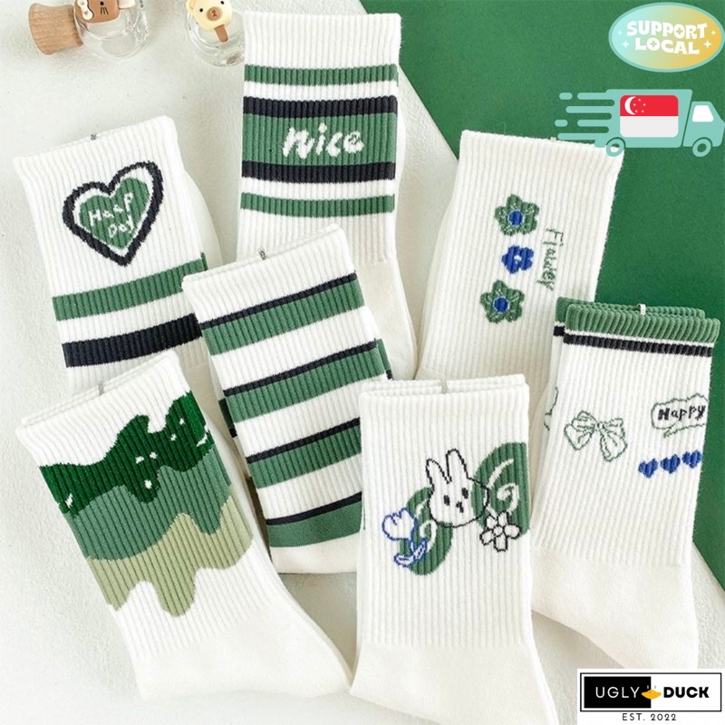 [SG Ready Stock]Cute calf high socks green style cotton women men ...