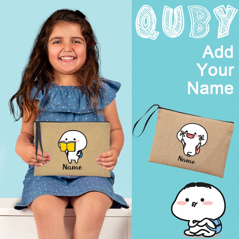 QUBY with Name Custom Linen Wristlet Clutch Cartoon Pencil Case Storage ...