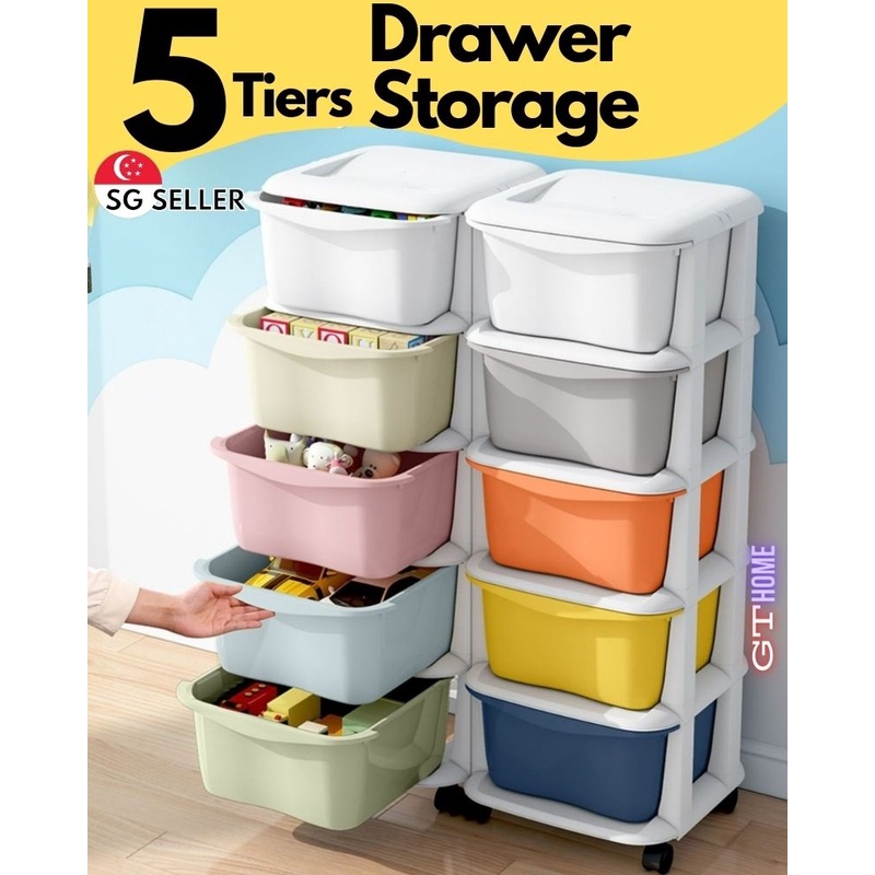 5 Tiers Plastic Drawer Storage Cabinet with Movable Wheels for Children ...