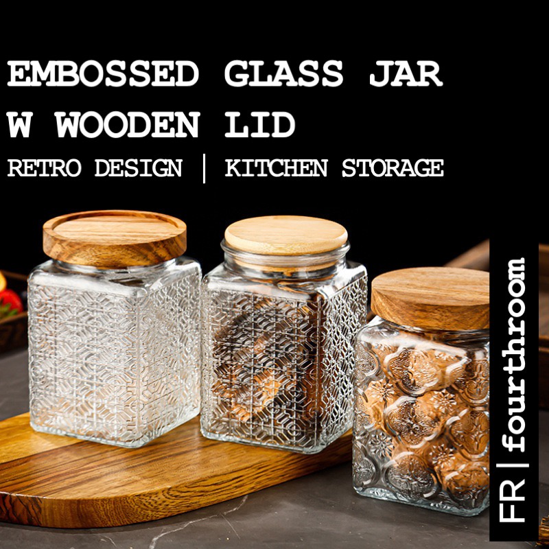 Embossed Glass Jar Food Jar | Spice Container | Wooden Lid | Kitchen ...