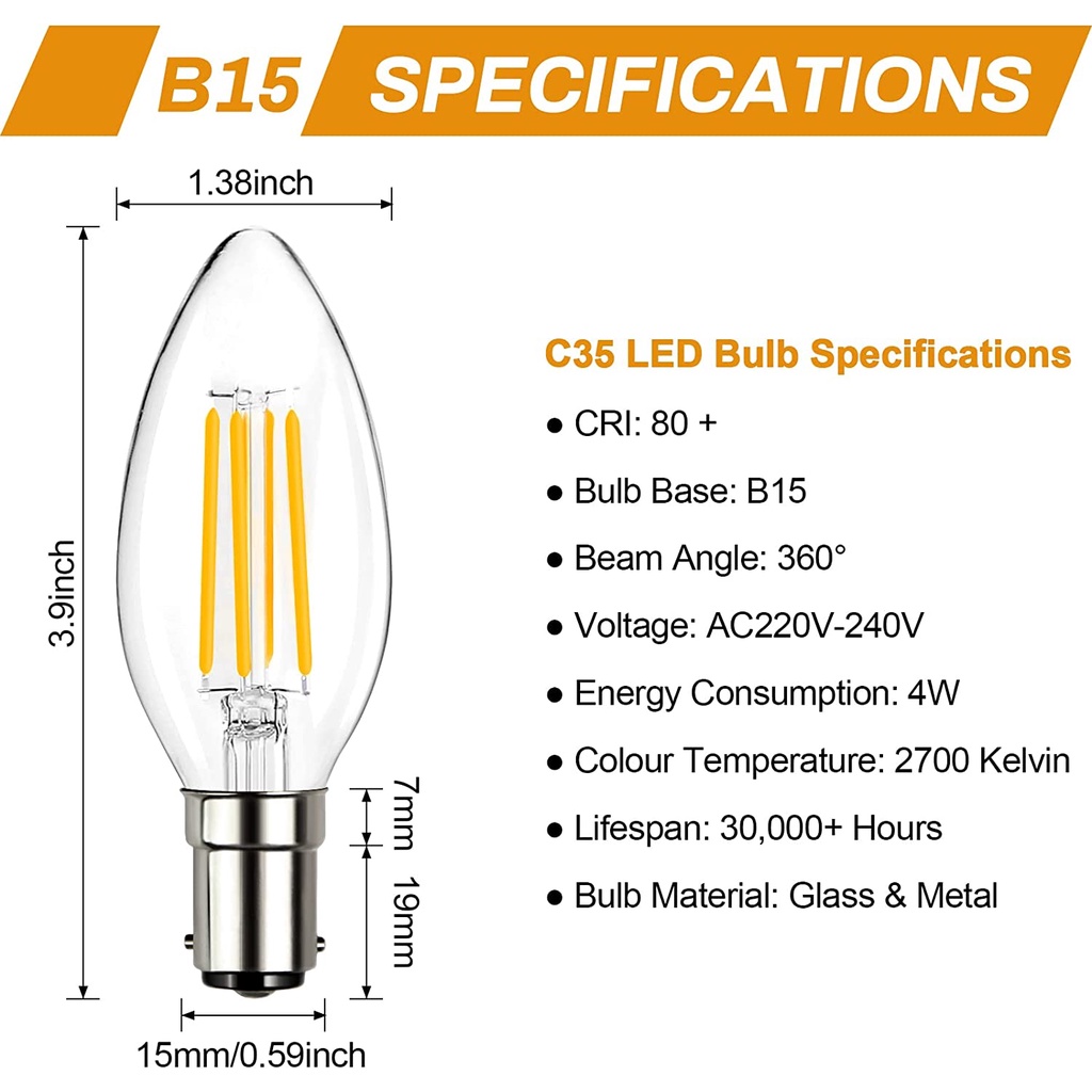 (1Pack) BRIMAX B15 LED Filament Candle Bulb, C35 4W Small Bayonet Light Bulb, C35 Clear Glass ...