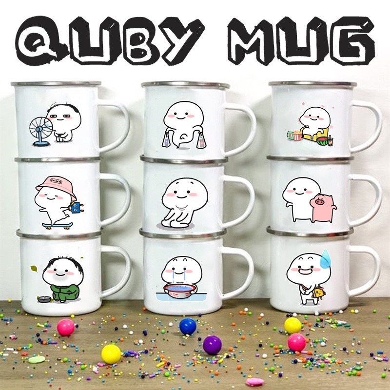 NEW QUBY Pattern Cartoon Enamel Mug Cute Milk Mug Water Cup QUBY Enamel ...