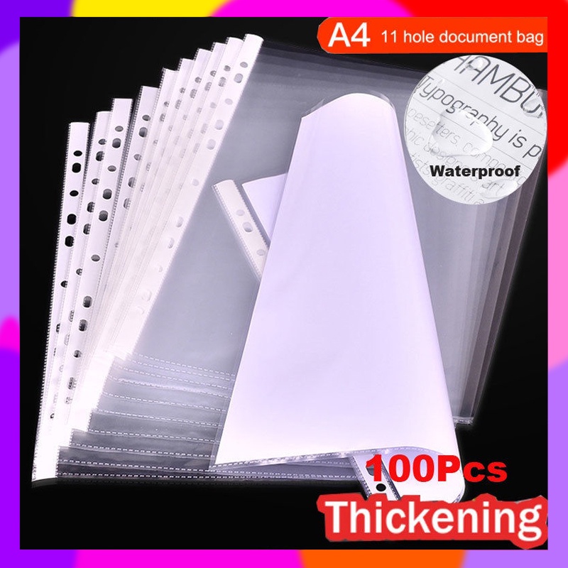 100Pcs A4 Folder Bags Plastic Transparent Punched Pocket Folders Filing ...
