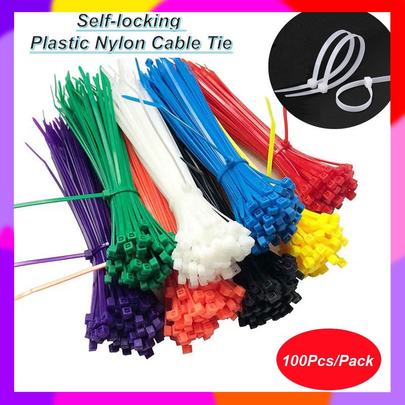 100 Pcs Colourful Self-locking Plastic Nylon Cable Tie Organiser Fasten ...