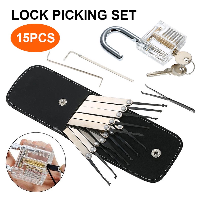 15pcs Lock Picking Set, Lock Pick Set with Transparent Training Padlock ...